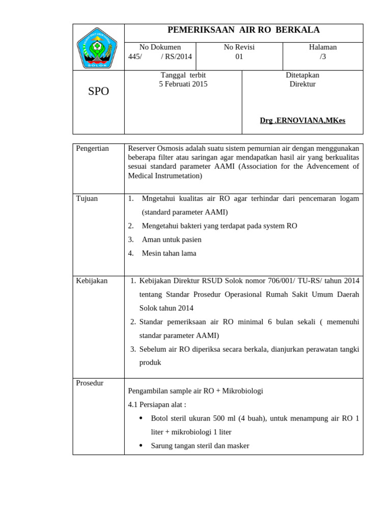 SPO Pemeriksaan Air RO Berkala | PDF