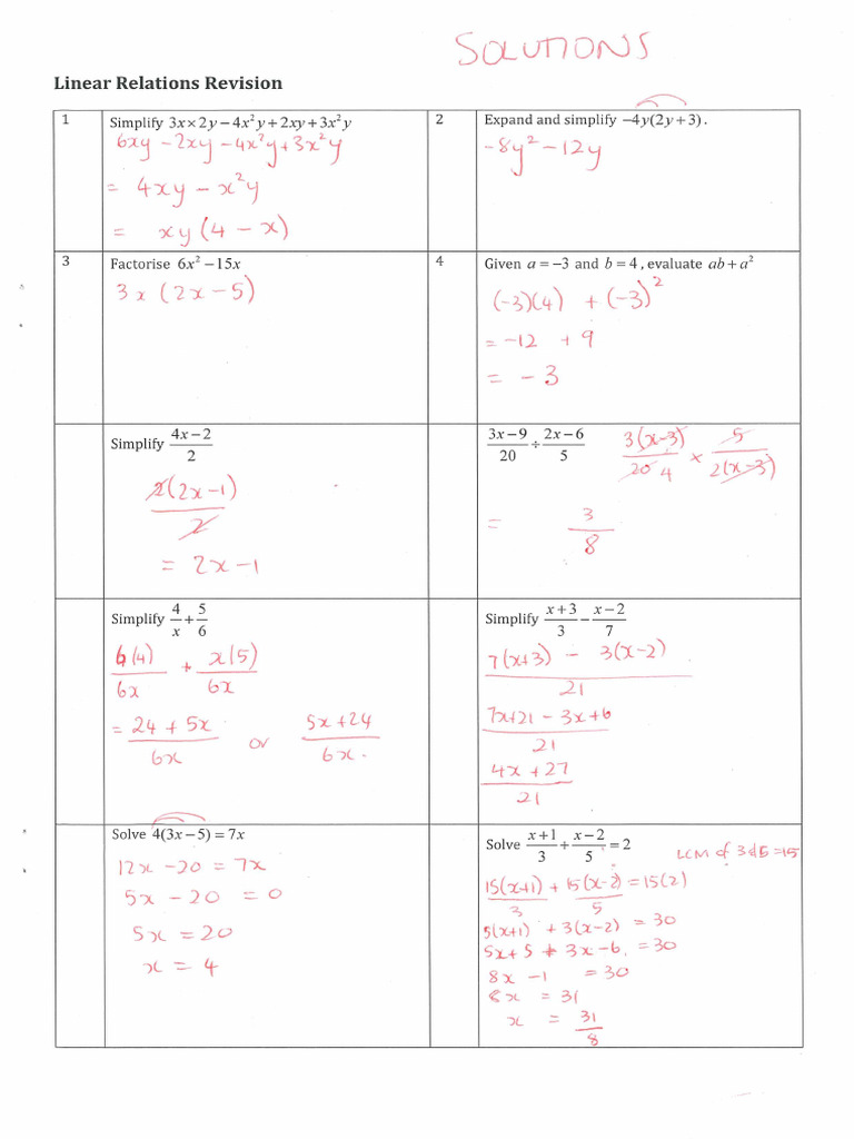 Linear Relations Revision Material SOLUTIONS | PDF