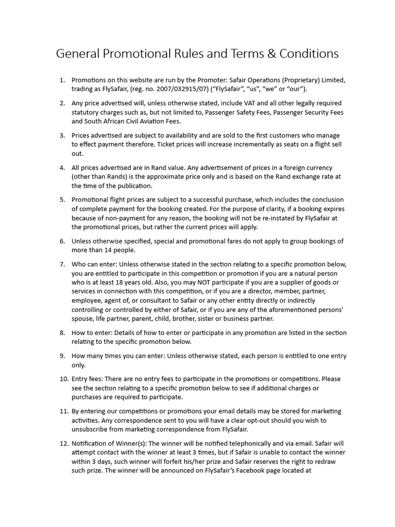FlySafair Competition Rules & Prizes | PDF | Indemnity | Prices