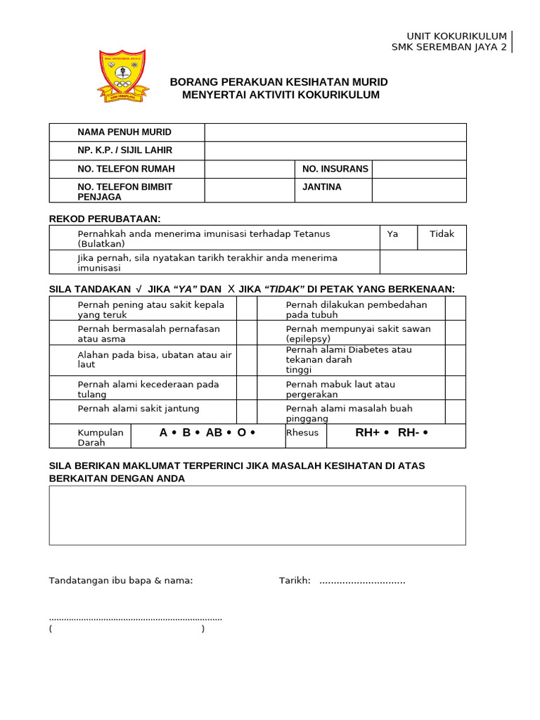 Borang Perakuan Kesihatan Murid | PDF