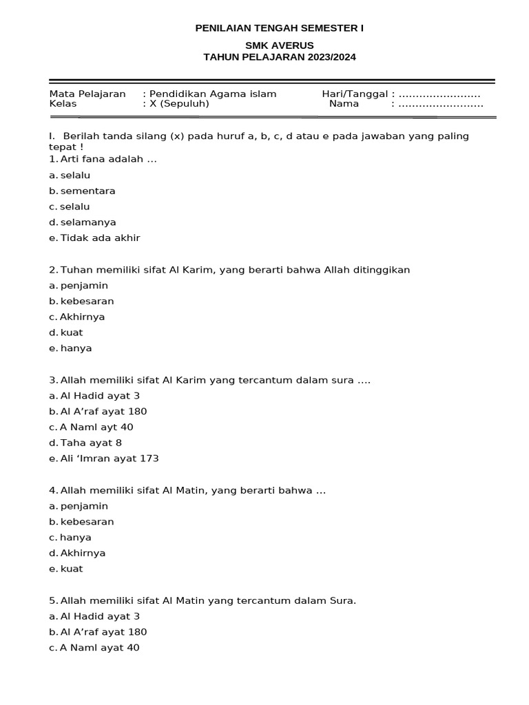 Soal Uts Pai Kls 10 Fix | PDF