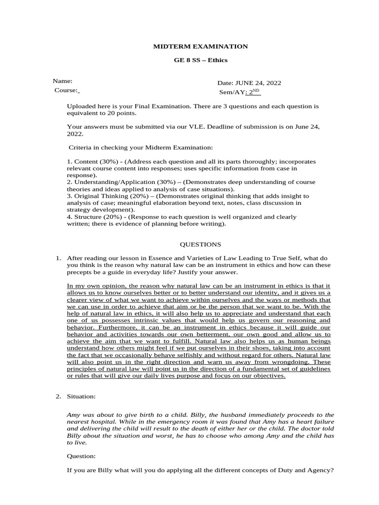 Ethics FINAL EXAMINATION | PDF