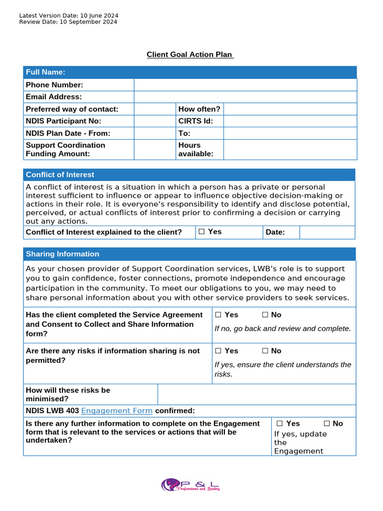 Support Coordination - Client Goal Action Plan | PDF