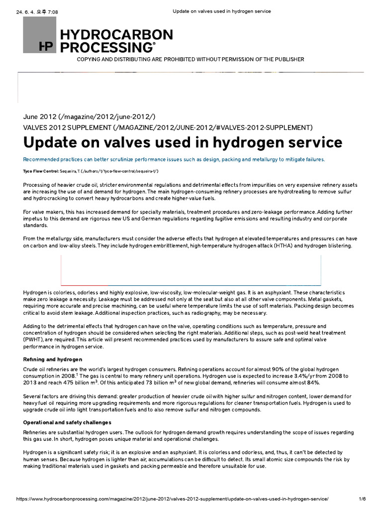 Update On Valves Used in Hydrogen Service | PDF