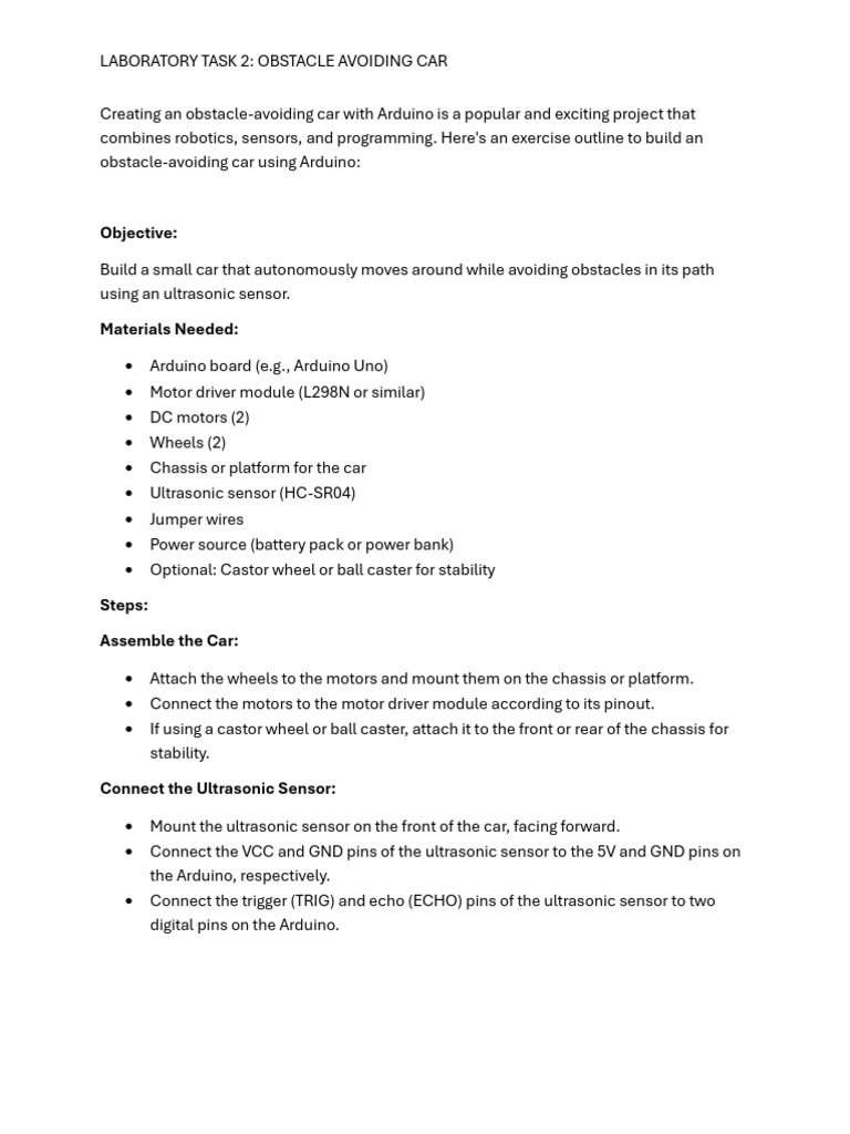 LAB TASK 2 Obstacle Avoiding Car | PDF | Arduino | Ultrasound