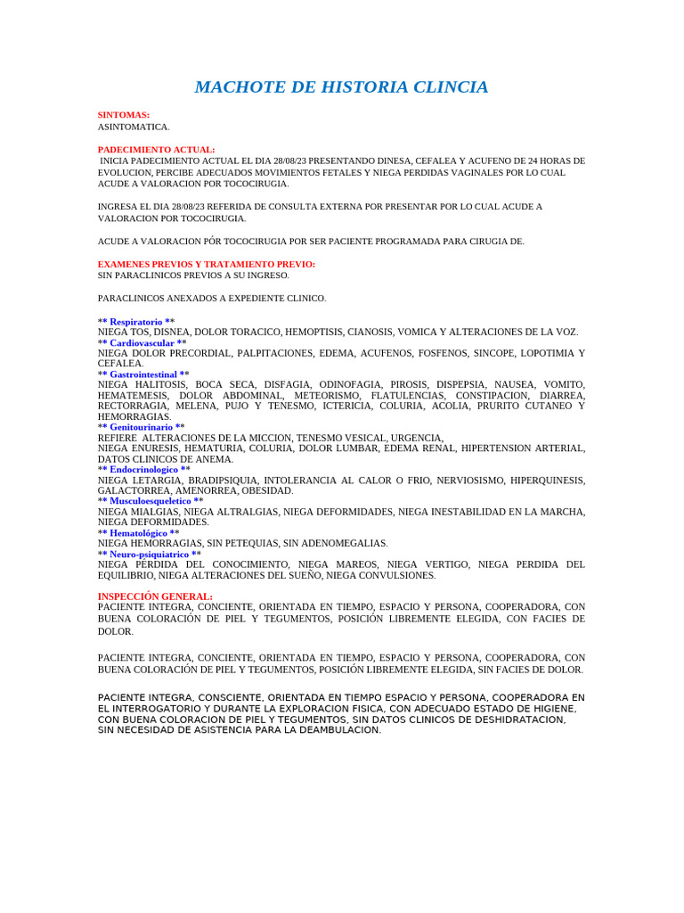 MACHOTE DE HISTORIA CLINICA Elluison Prrona | PDF