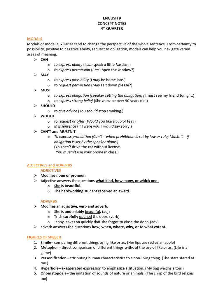 ENGLISH 9 Concept Notes 4th QTR | PDF