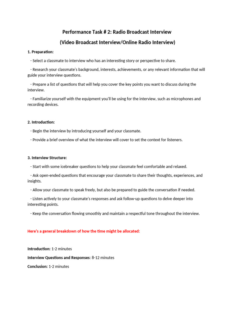 Radio Interview Performance Task | PDF