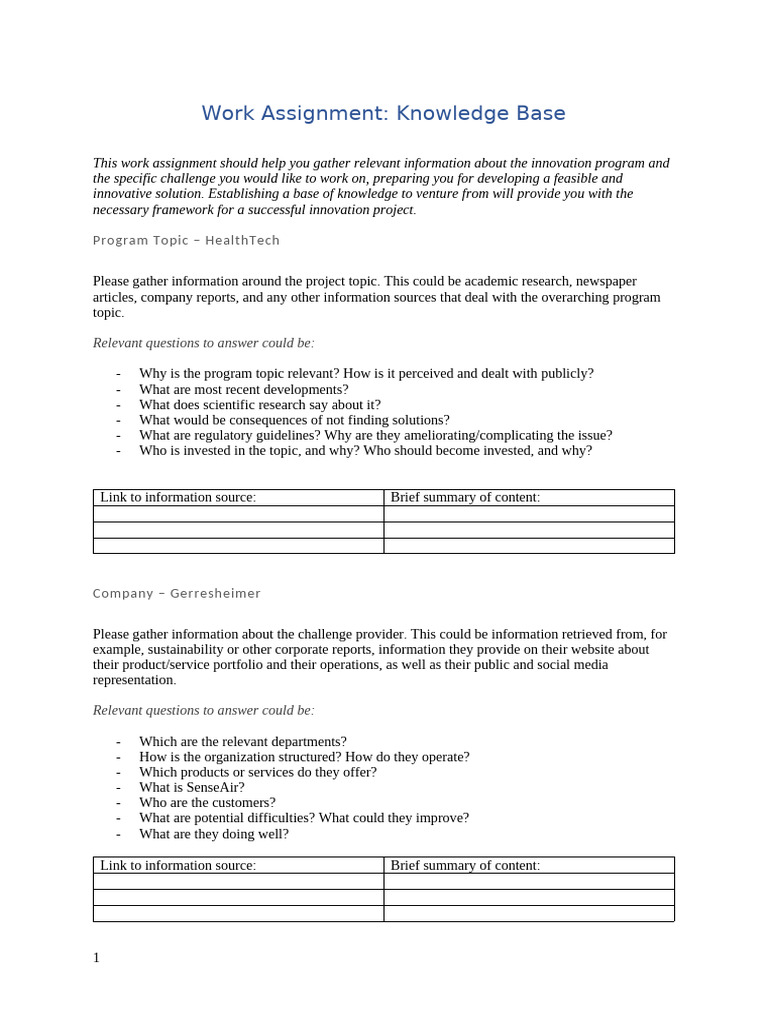 HealthTech Work Assignment - Knowledge Base - Gerresheimer | PDF