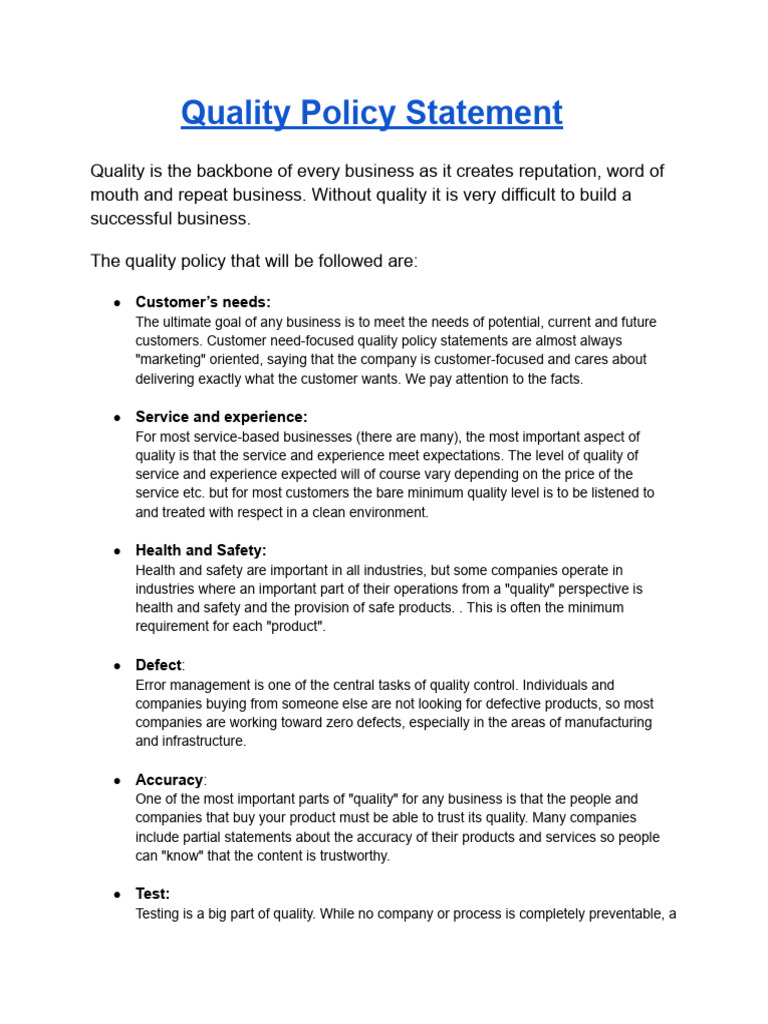 Quality Policy Statement | PDF