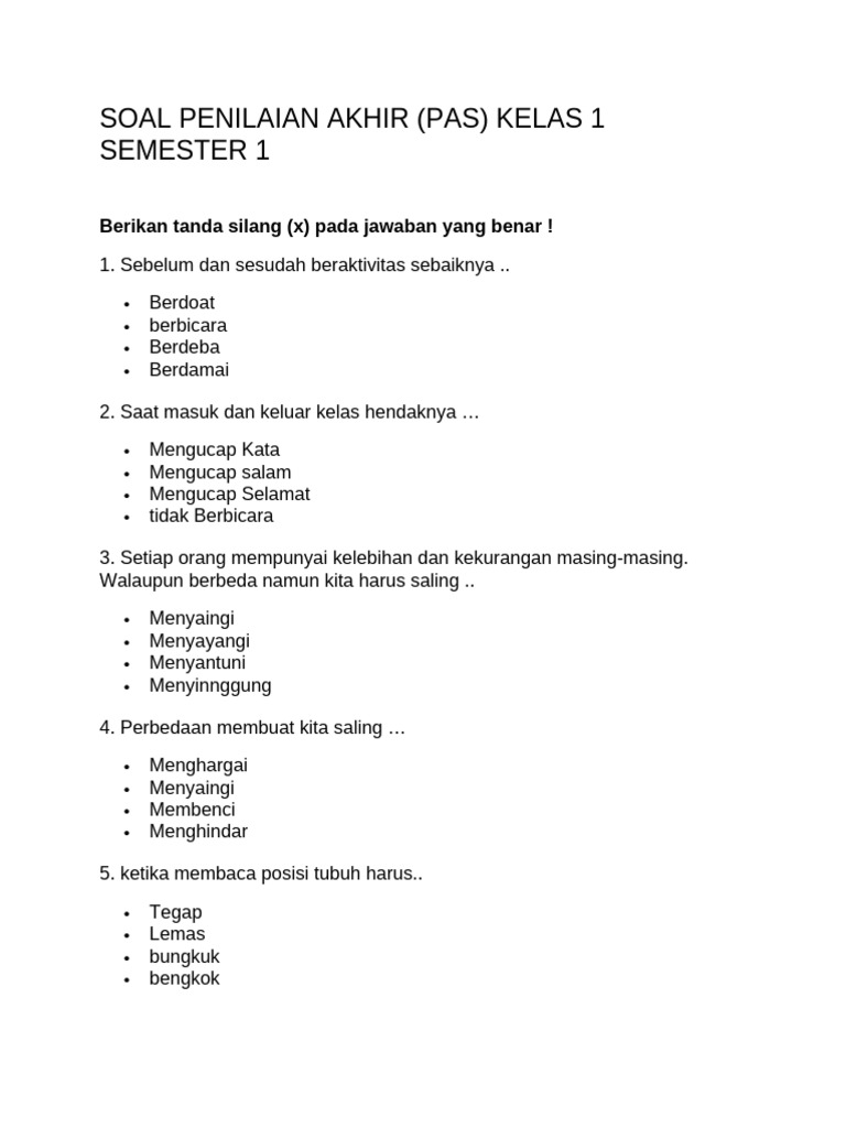 SOAL PAS KELAS 1 SEMESTER 1 | PDF