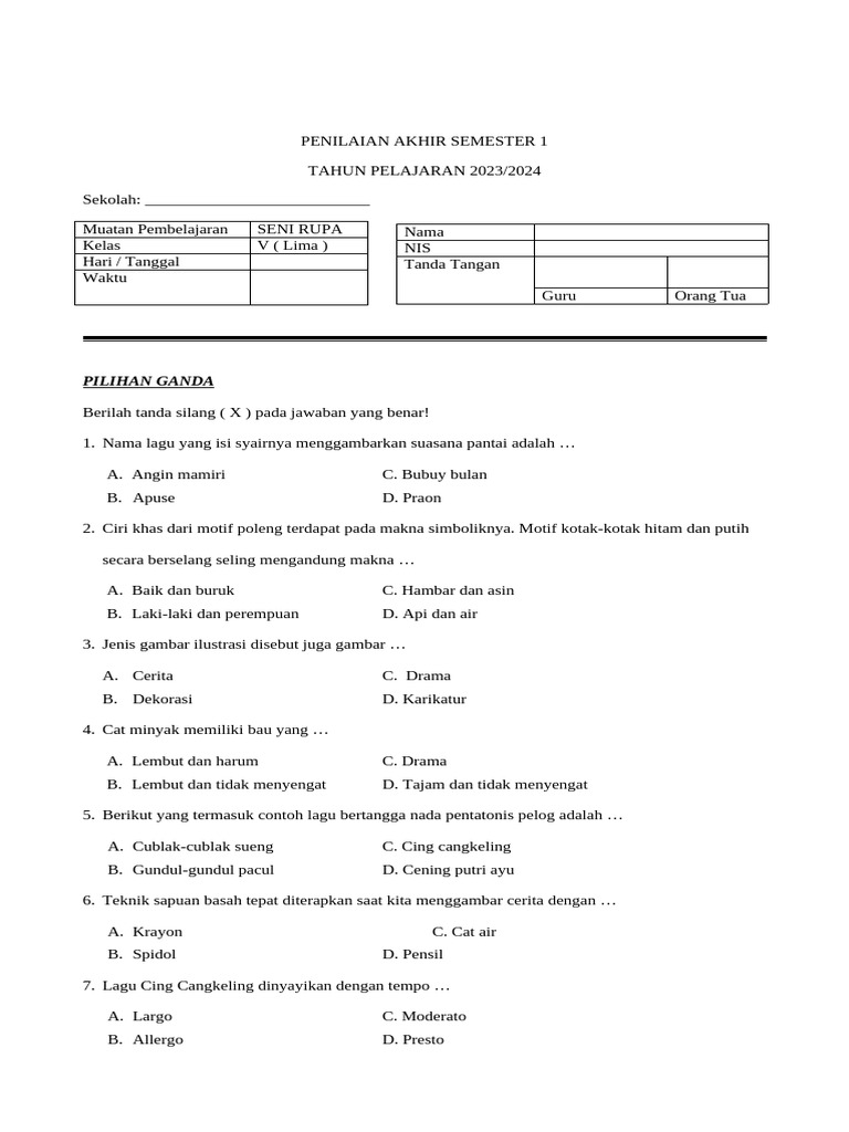 Soal Seni Rupa Kelas 5 Pak Tamrin | PDF