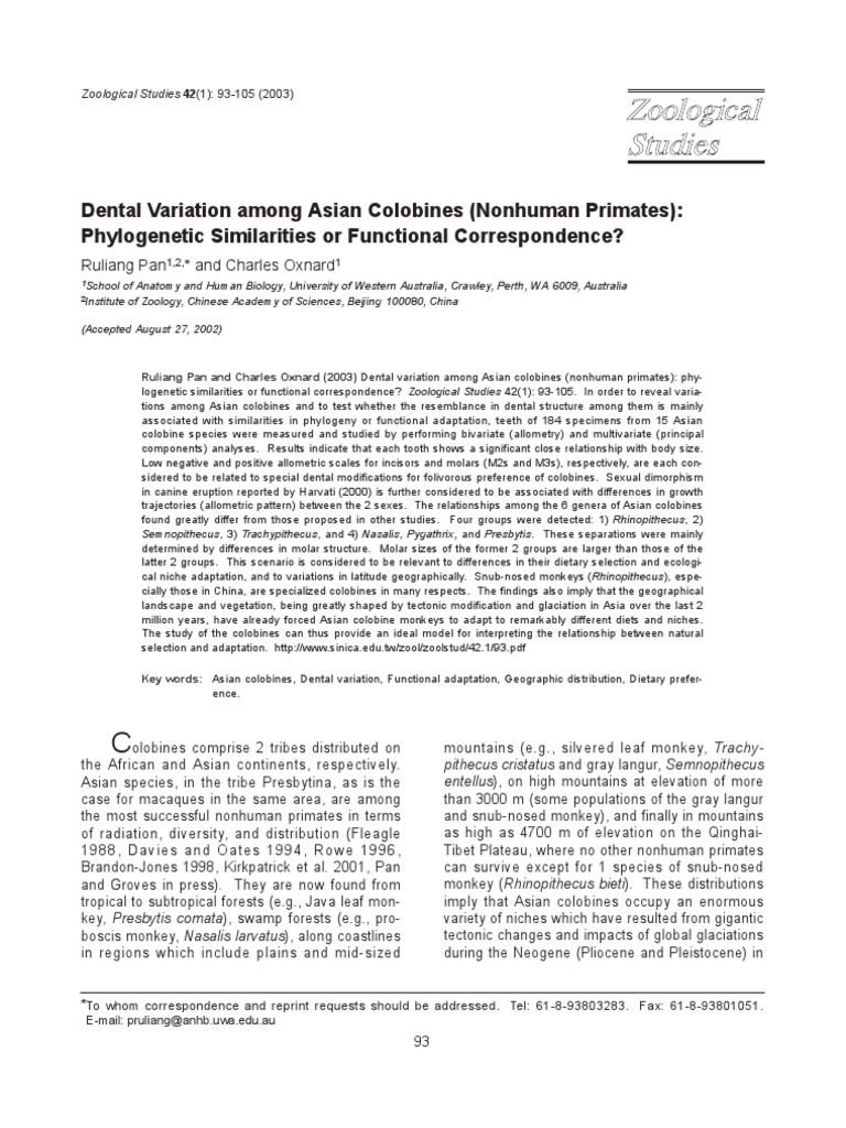 Dental Variation Among Asian Colobines (Nonhuman Primates ...