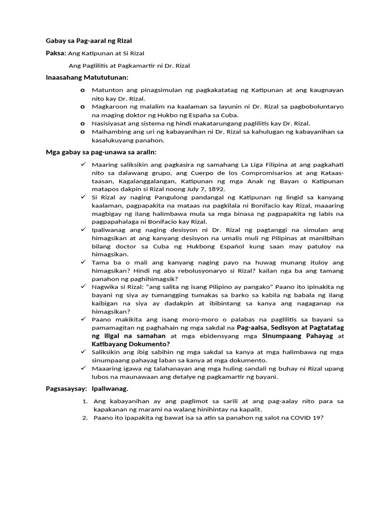 Gabay Sa Pag Aaral NG Rizal Katipunan Paglilitis at Pagkamartir | PDF Gabay Sa Pag Aaral NG Rizal Katipunan Paglilitis at Pagkamartir | PDF