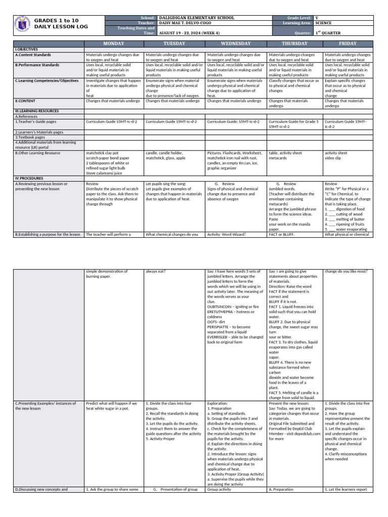 DLL - Science 5 - Q1 - W4 | PDF
