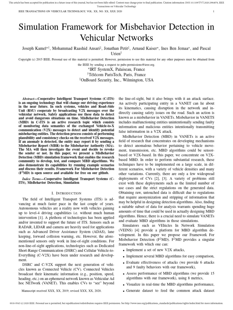 Kamel Et Al - 2020 - Simulation Framework For Misbehavior Detection in Vehicular Networks5 | PDF