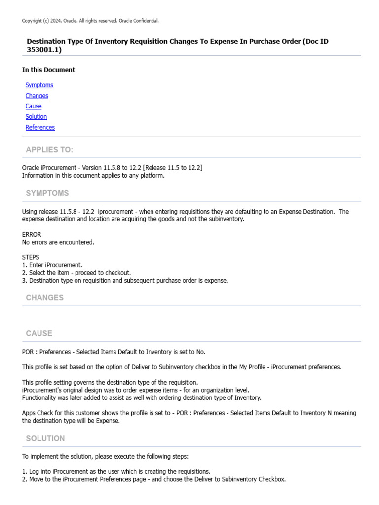 Destination Type of Inventory Requisition Changes To Expense in Purchase Order (Doc ID 353001.1 ...