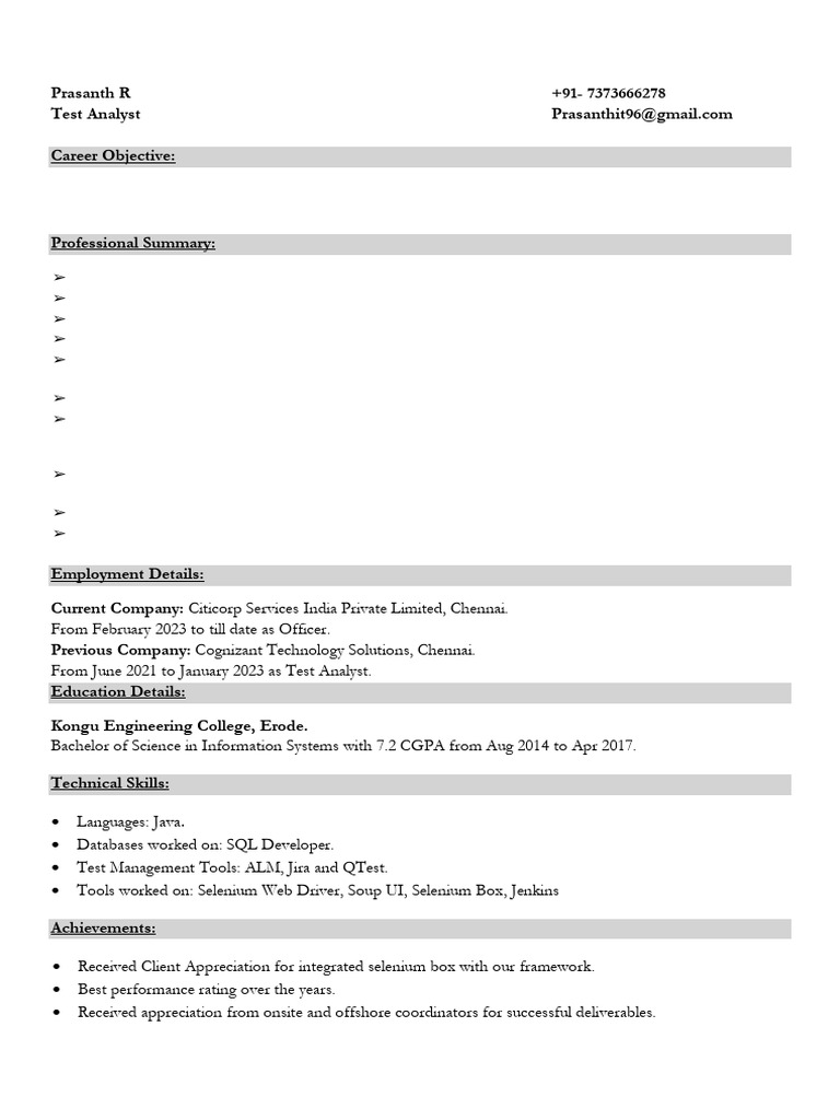 Prasanth Resume Latwst | PDF