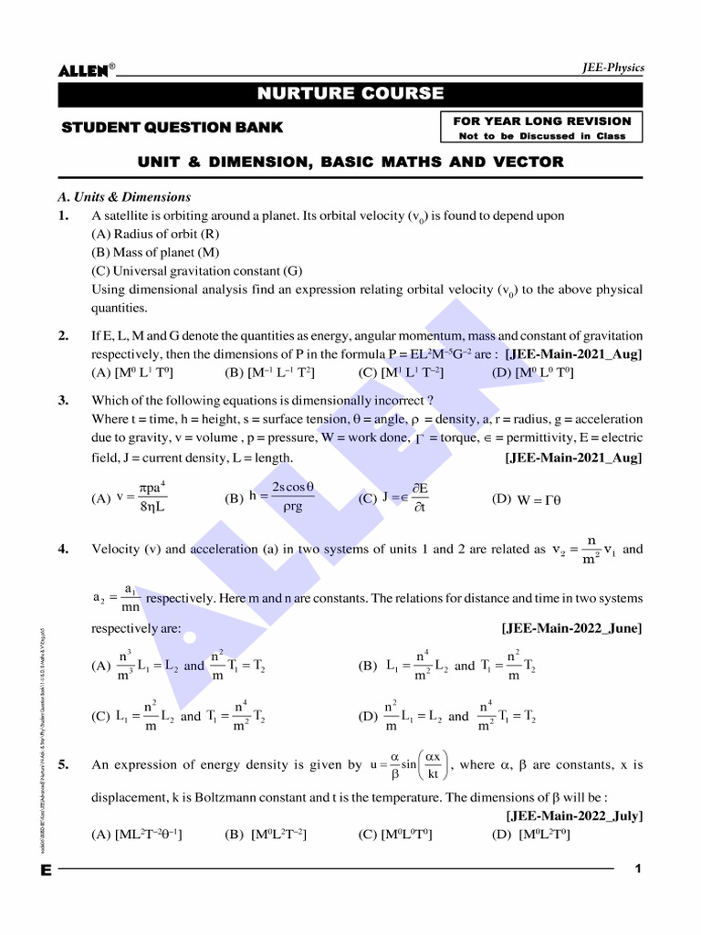 Allen Nurture 2024 - Physics - 001 - U&D - SQB | PDF