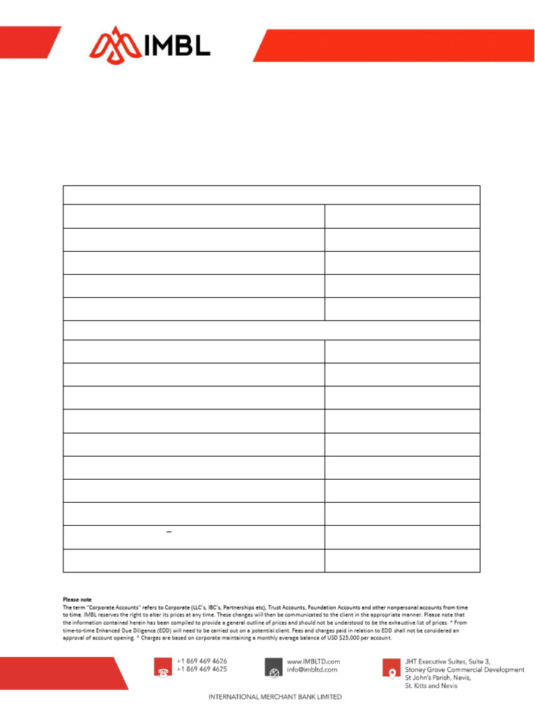 IMBL - Fees CORPORATE Account | PDF