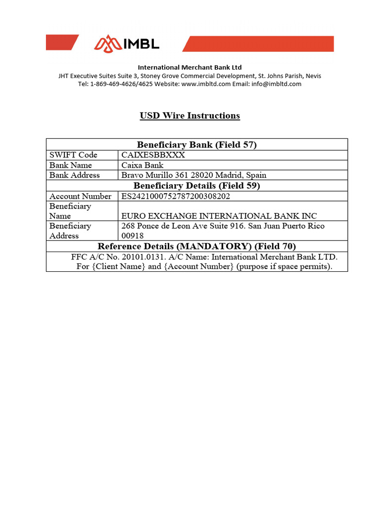 IMBL - Swift Wire Instructions (USD - Caixa Bank) | PDF