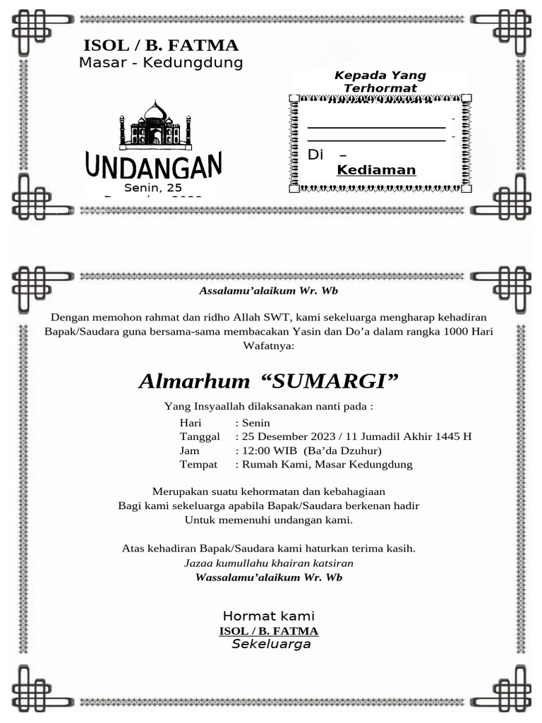 Undangan 1000 Hari Isol (Sumargi) | PDF