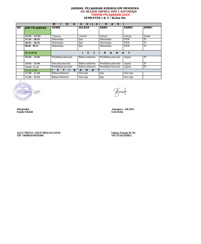 Jadwal Pelajaran Kurikulum Merdeka 2024 Pdf