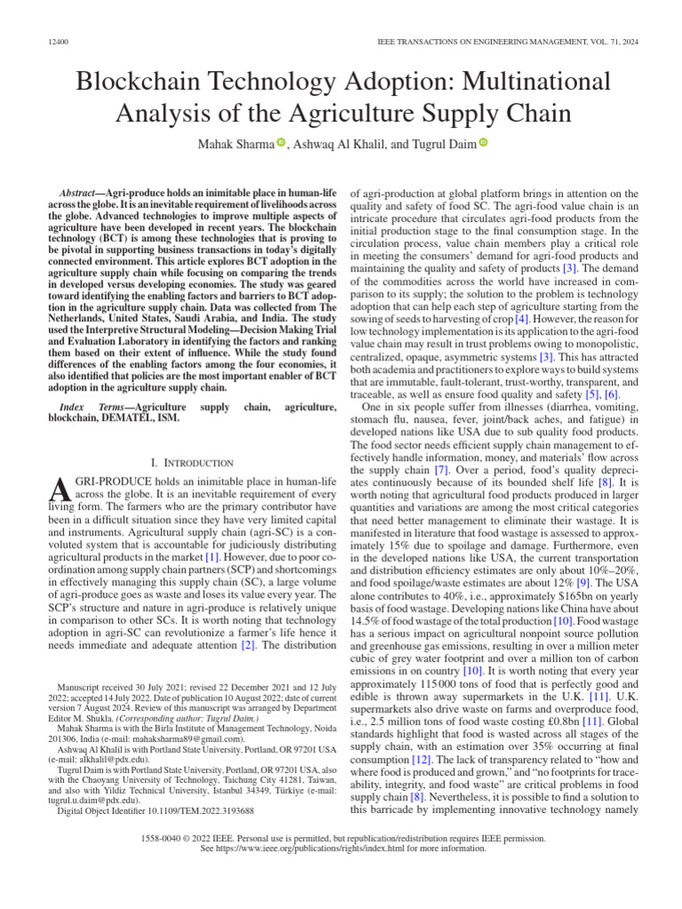 Blockchain Technology Adoption Multinational Analysis of The Agriculture Supply Chain | PDF