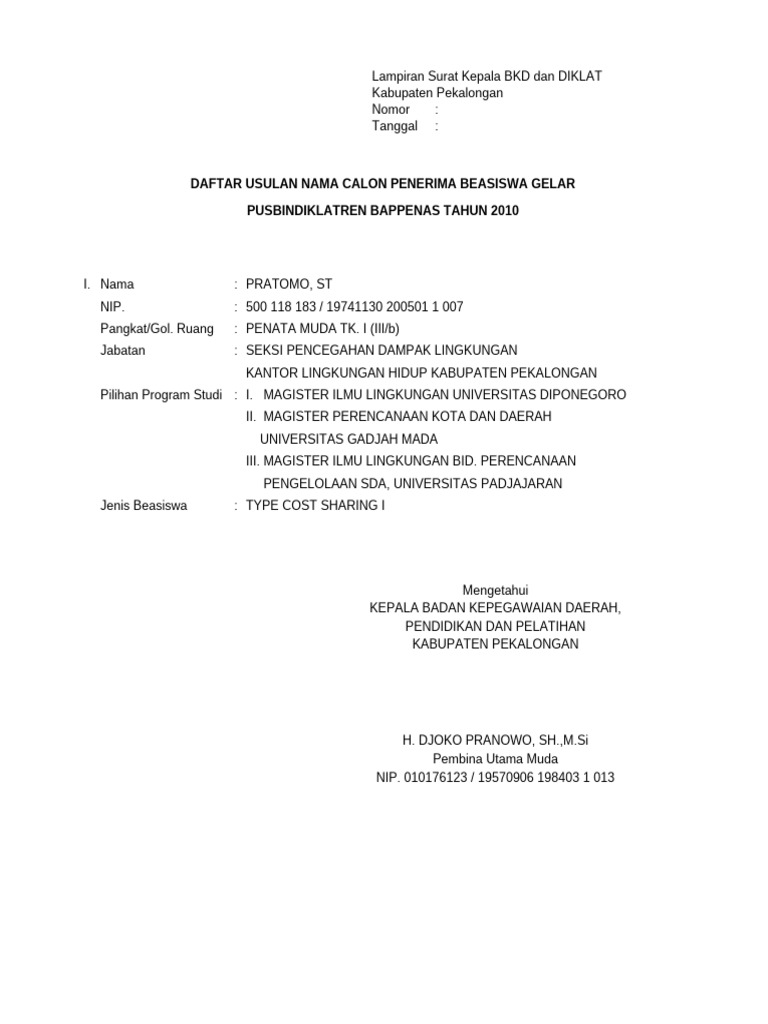 Lampiran Surat Lamaran Beasiswa Bappenas 2008 | PDF