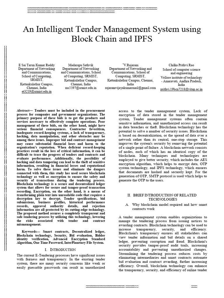 An Intelligent Tender Management System Using Block Chain and IPFS | PDF