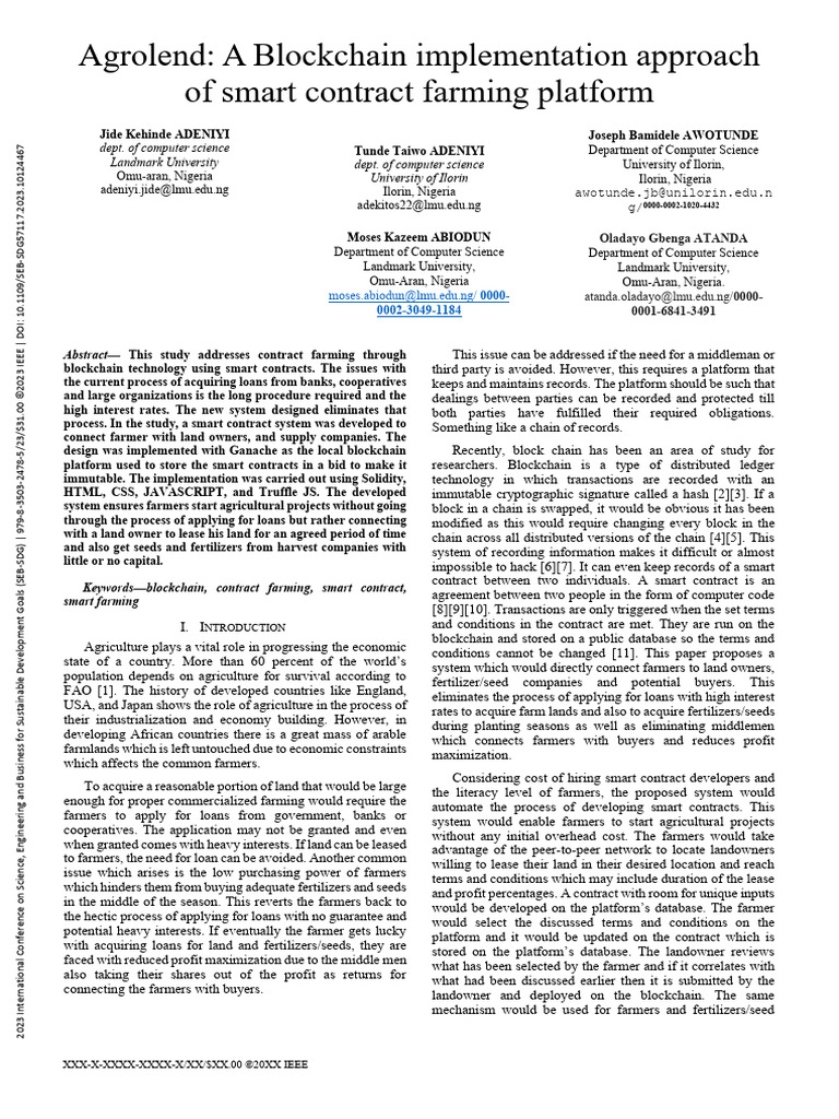 Agrolend A Blockchain Implementation Approach of Smart Contract Farming ...