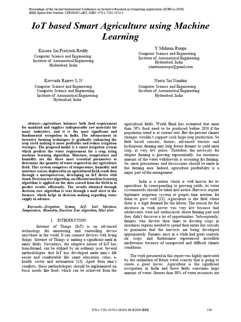 IoT Based Smart Agriculture Using Machine Learning | PDF