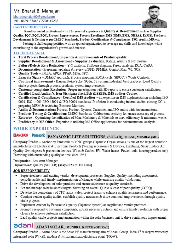 A66b1bd2786866 0624 Bharat+Mahajan+CV+for+Quality+Manager | PDF