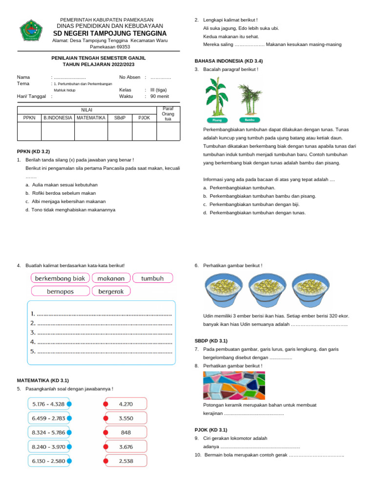 Soal Pts 1 - Kelas 3 - Tema 1 | PDF