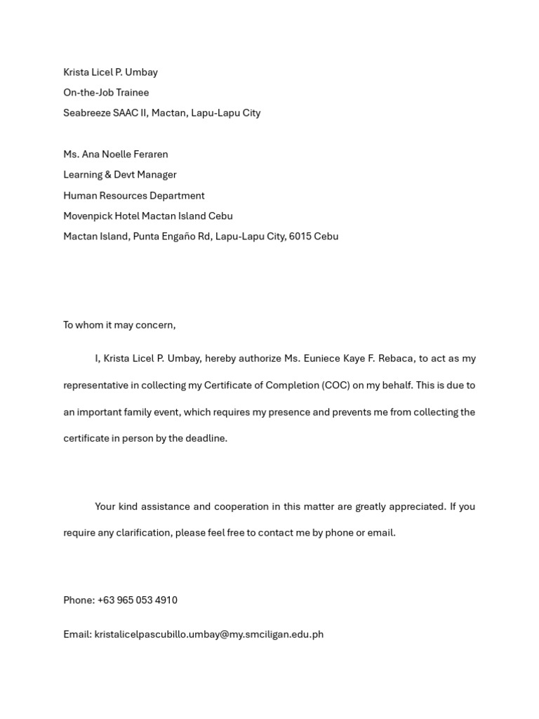 Umbay Authorization Letter | PDF