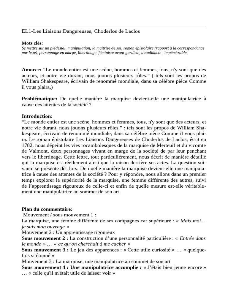 Fiche de Révision - EL1 - LesLiaisonsDangereuses | PDF