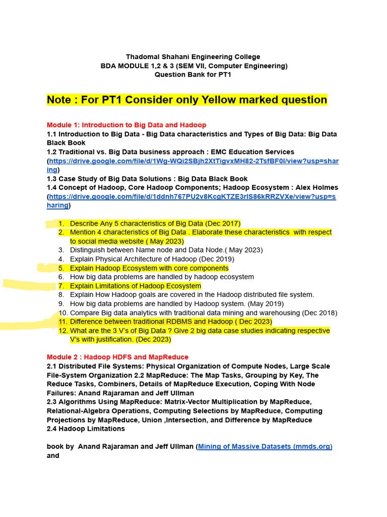 Question Bank BDA MODULE 1,2 &3 UNIVERSITY QUESTIONS | PDF