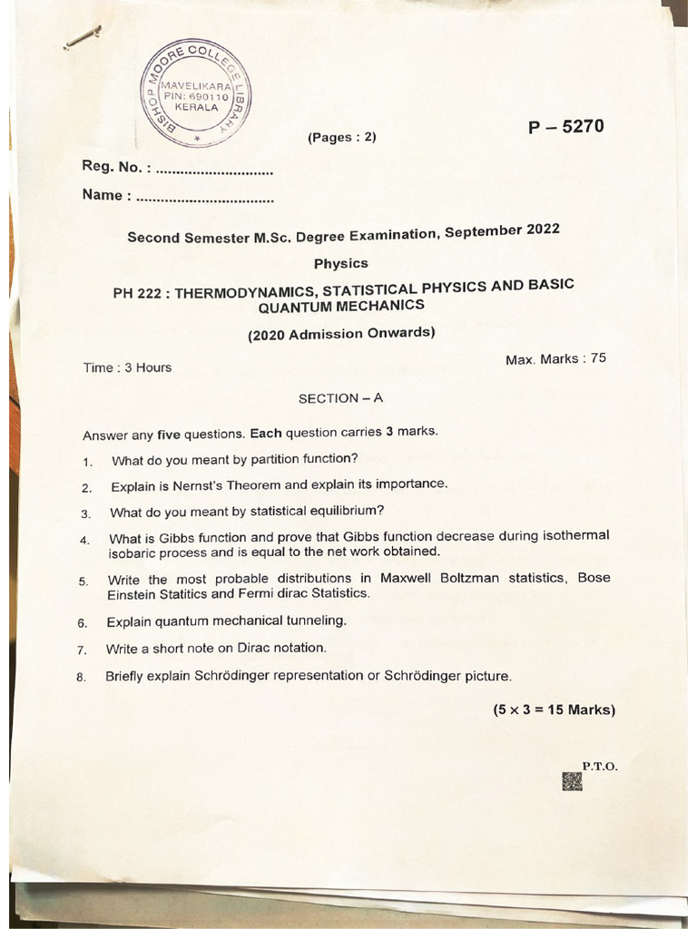 Thermodynamics Statistical Physics and Basic Quantum Mechanics | PDF
