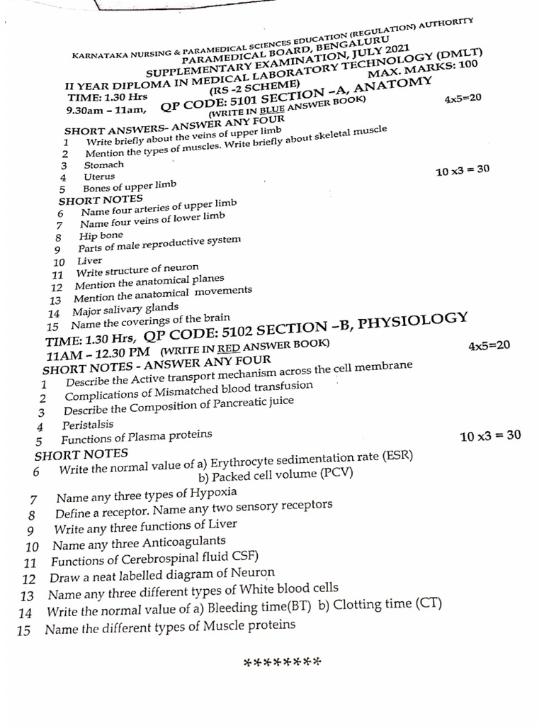 Anatomy and Physiology Question Previous Question Paper | PDF