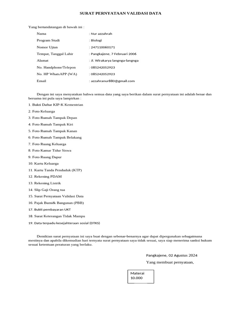 Surat Pernyataan Validasi Data-1 | PDF
