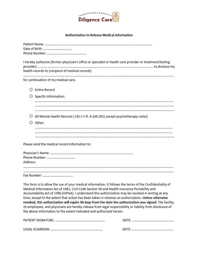 Authorization To Release Medical Information | PDF