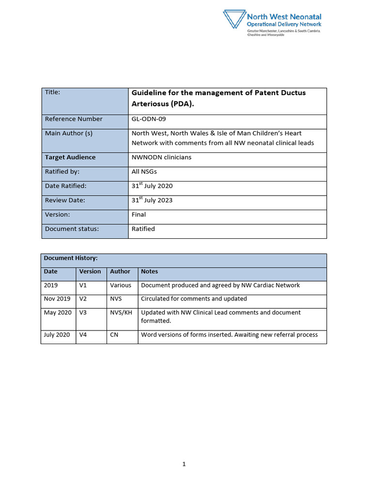 GL ODN 09 NW Guideline For The Management of PDA | PDF