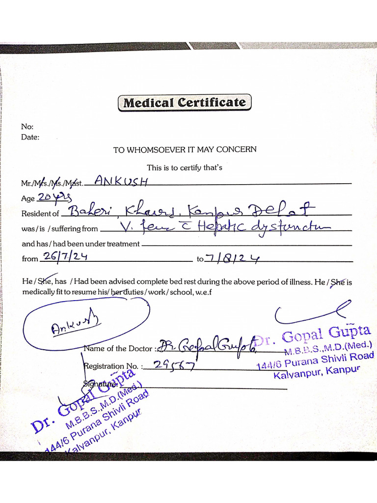 Ankush Medical Certificate | PDF