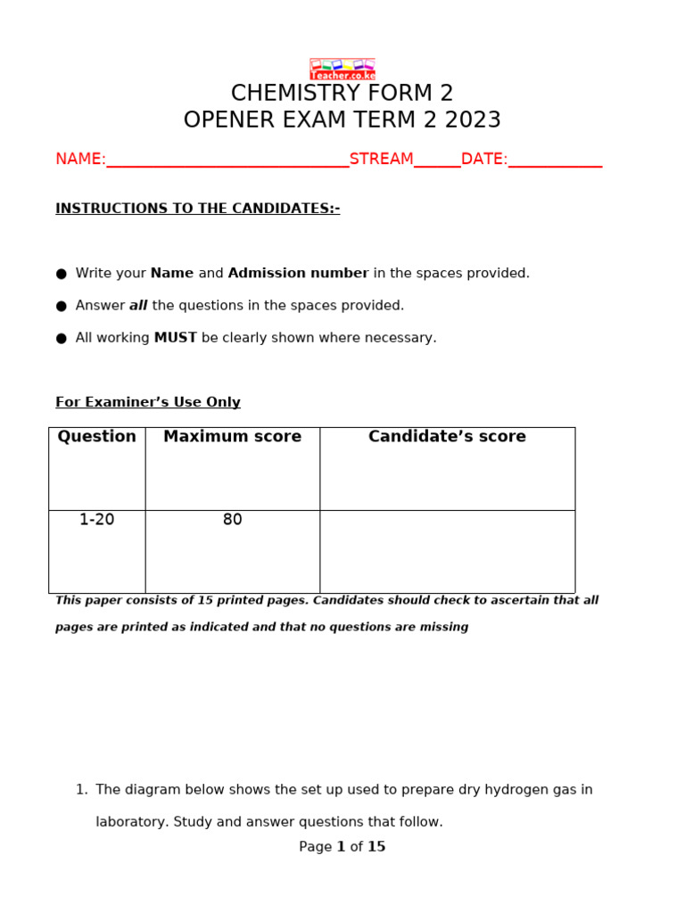 CHEM F2 QS Term 2 Opener 2023 | PDF | Chemical Elements | Ion