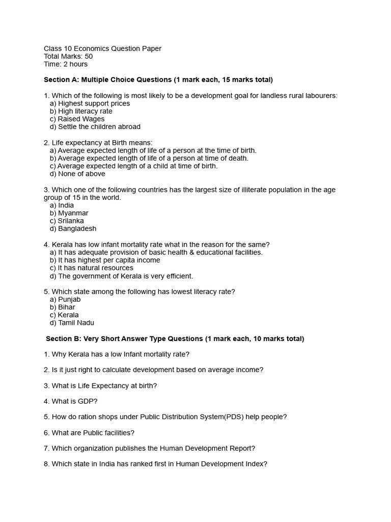 Class-10-Eco-Ch 1 2 Test | PDF