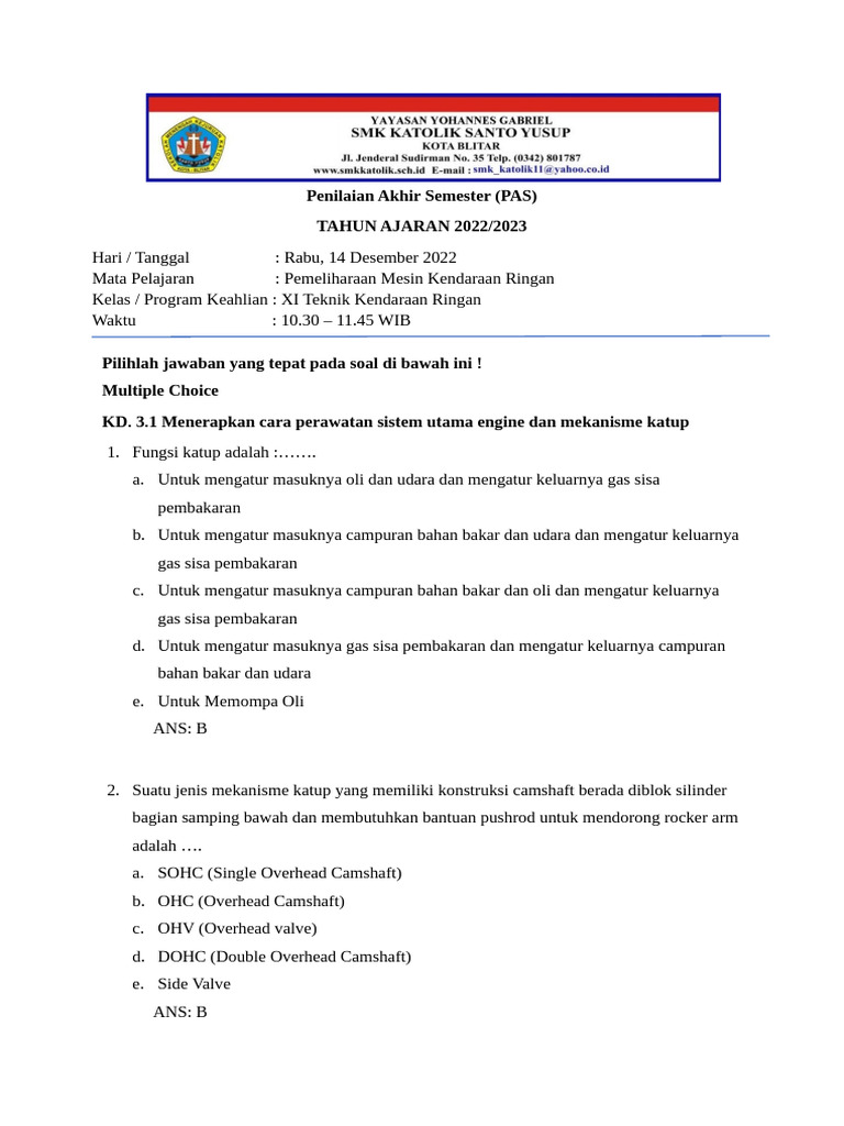Print Soal PAS Multiple Choice & Essay PMKR XI TKRO | PDF