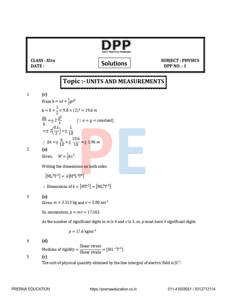 Units and Measurements DPP 1 SOLUTION Min | PDF