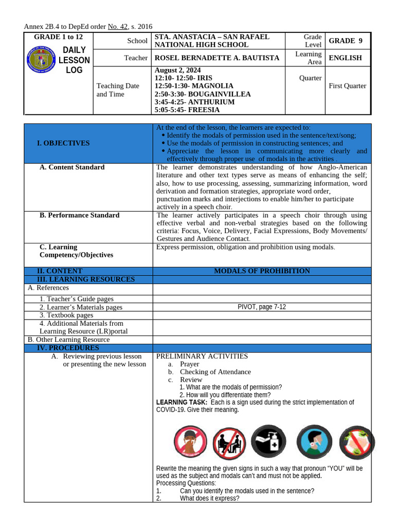 Grade 9 English Modals of Prohibition Lesson | PDF | Lesson Plan ...