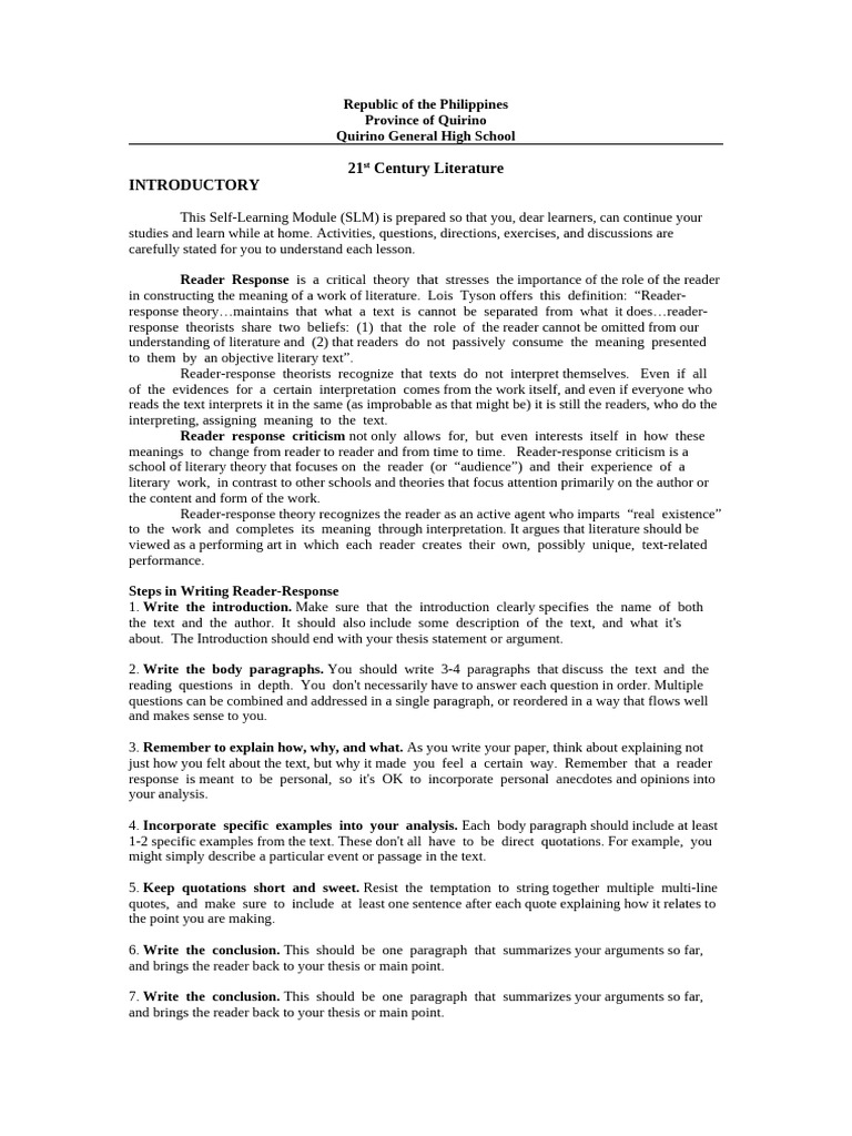 Reader Response Module 1 | PDF