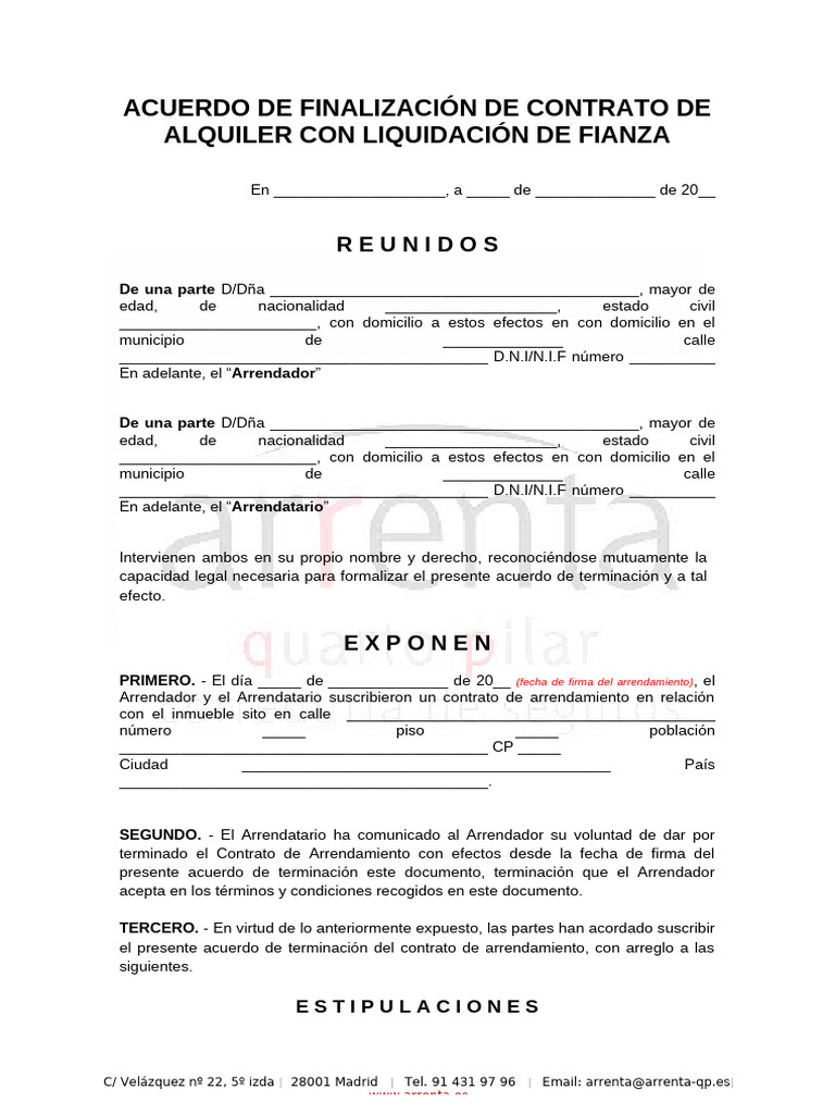 Acuerdo de Terminacion de Arrendamiento Con Liquidacion Parcial y Retencion de Fianza | PDF